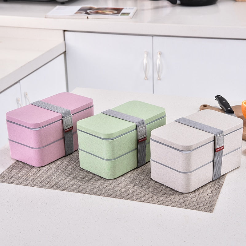 Double Decker Bento Lunch Boxes for Adults and kids, Wheat Straw, 1200 ...